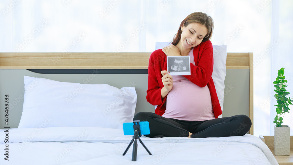 Caucasian millennial young happy healthy female prenatal pregnant ...