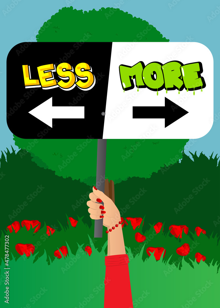 Hand holding banner with More and Less text with arrow. Man showing ...