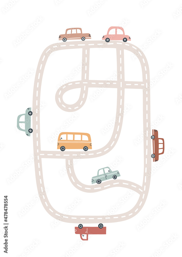 Road map with cars. Hand drawn vector illustration for nursery design ...