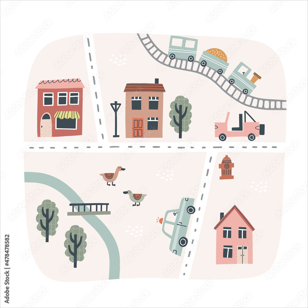 Cute town map. Hand drawn vector illustration for nursery Stock Vector ...