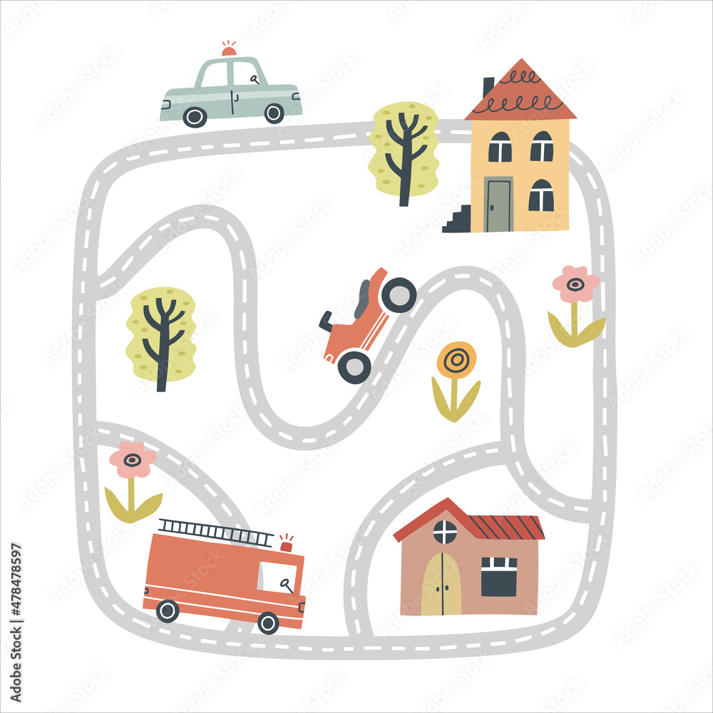 Cute town map. Hand drawn vector illustration for nursery Stock Vector ...