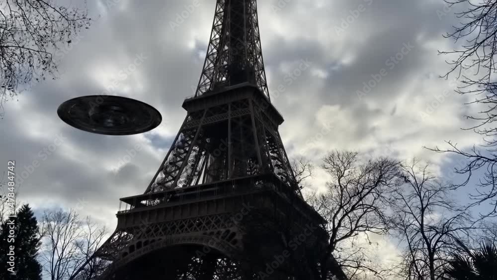 Alien spaceship saucer Ufo disc Flying over Eiffel tower, Paris, France ...