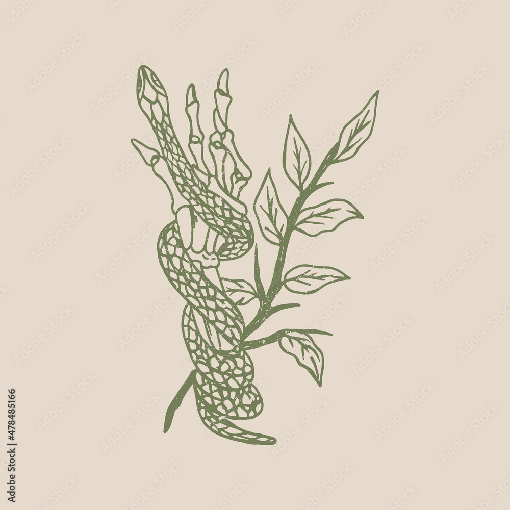Hand drawn illustration of a snake wrapped around an arm bone and a ...