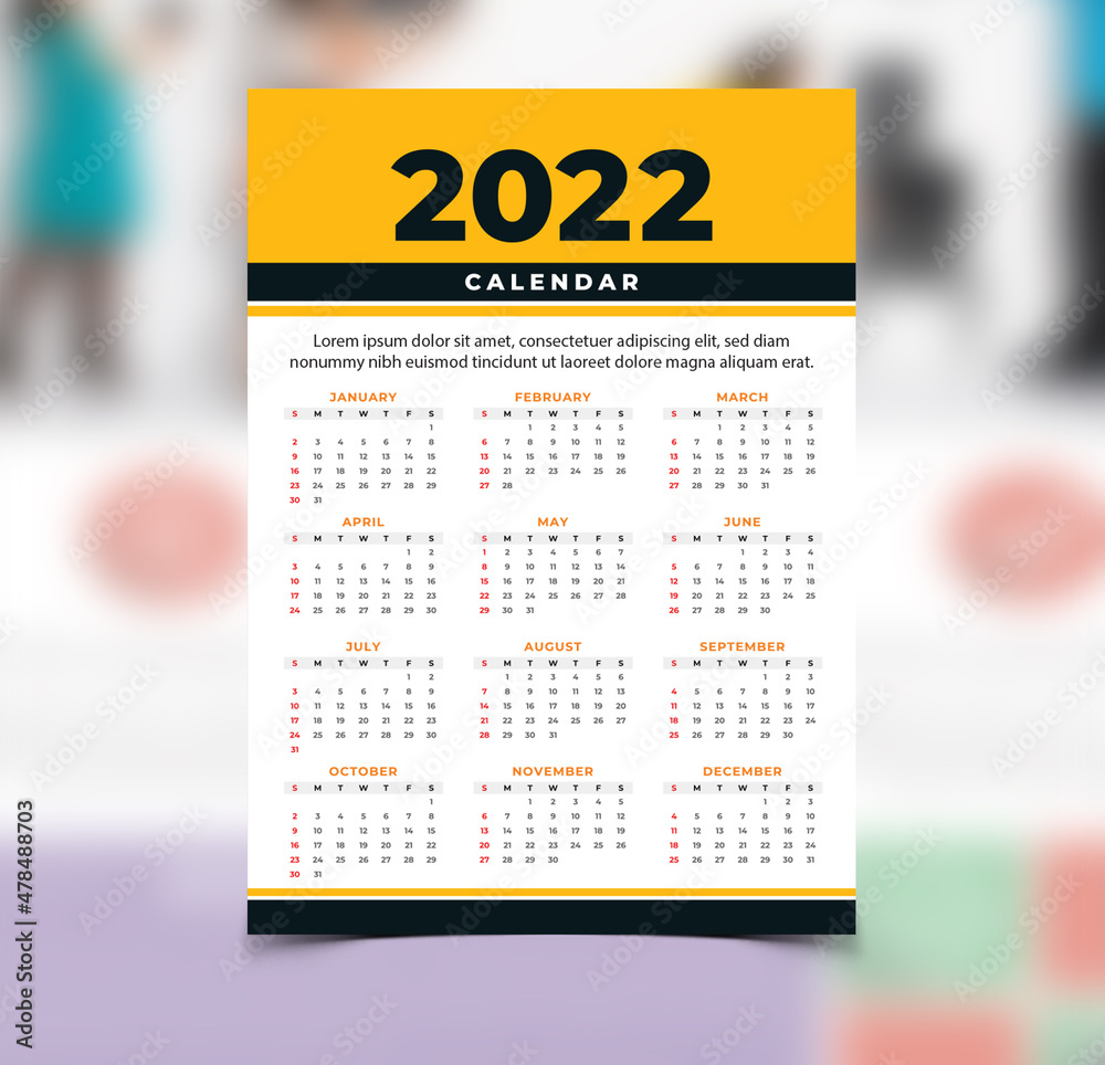 Calendar template for 2022 year. Week Starts on Sunday. Stock Vector ...