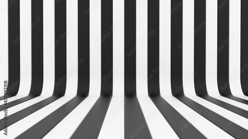 Black and white vertical lines on wall and floor background 3D render ...