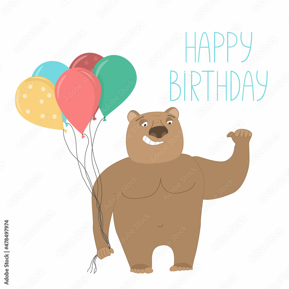 Birthday card in cartoon style. Greeting card with bear character with ...