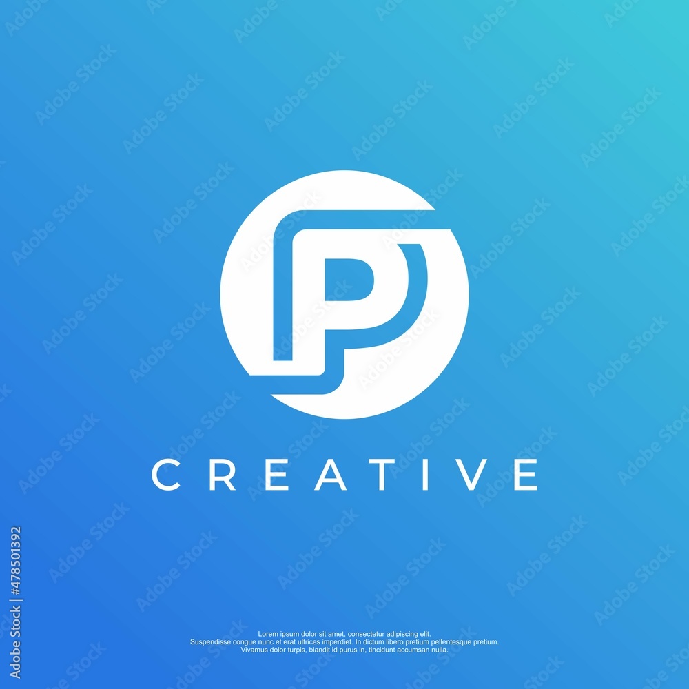 Letter P logo design template with white color and blue background ...