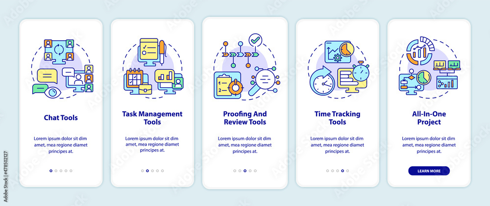 Business tools types onboarding mobile app screen. Chat and time ...