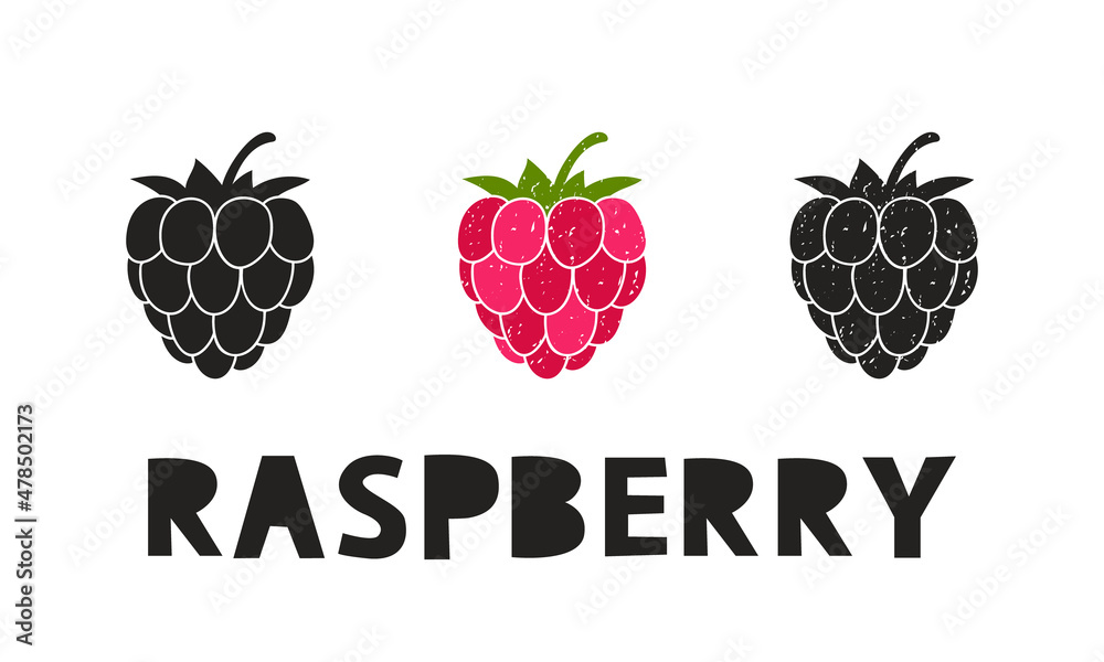 Raspberry, silhouette icons set with lettering. Imitation of stamp ...