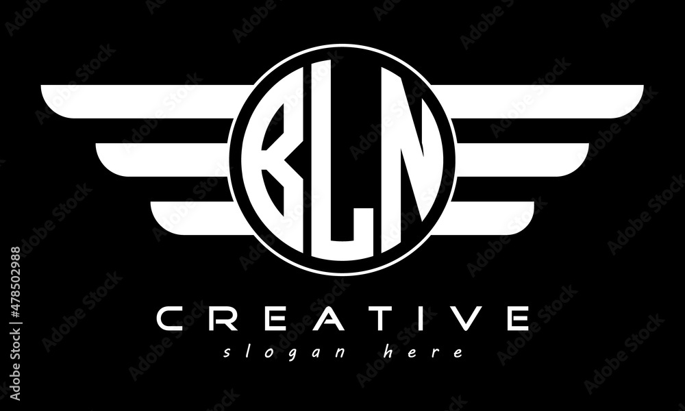 BLN three letter monogram type circle letter logo with wings vector ...