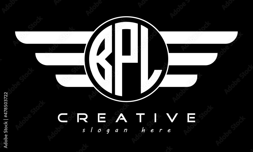 BPL three letter monogram type circle letter logo with wings vector ...