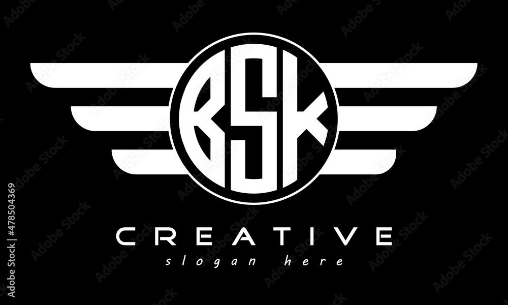 BSK three letter monogram type circle letter logo with wings vector ...