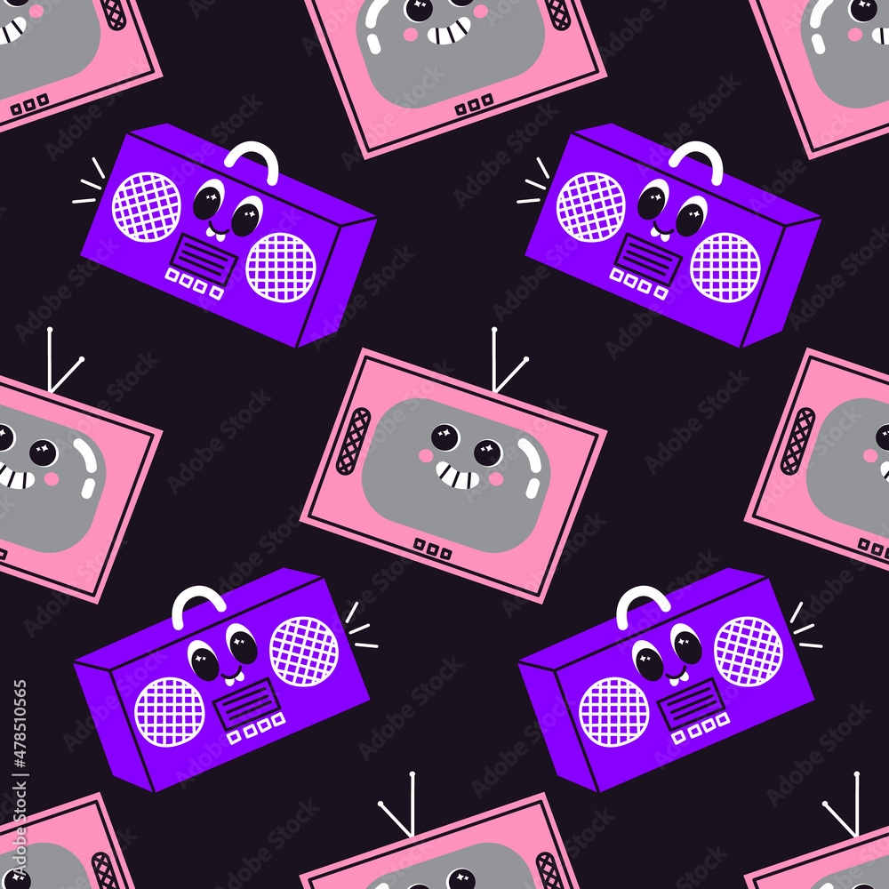 Vector seamless pattern with funny cartoon tv and radio characters ...