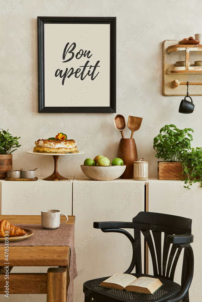 Creative and modern dining room interior design with mock up poster ...