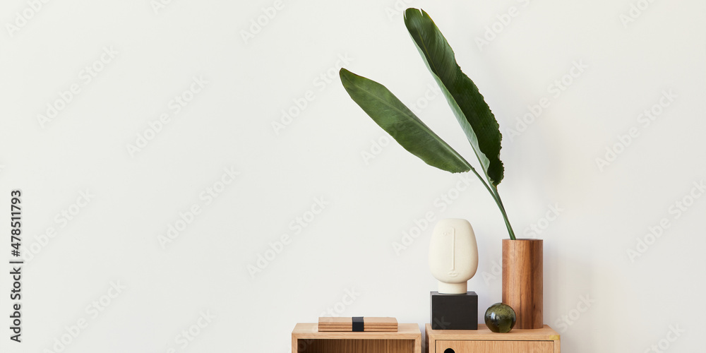 Modern composition of living room interior with design wooden bookcase ...