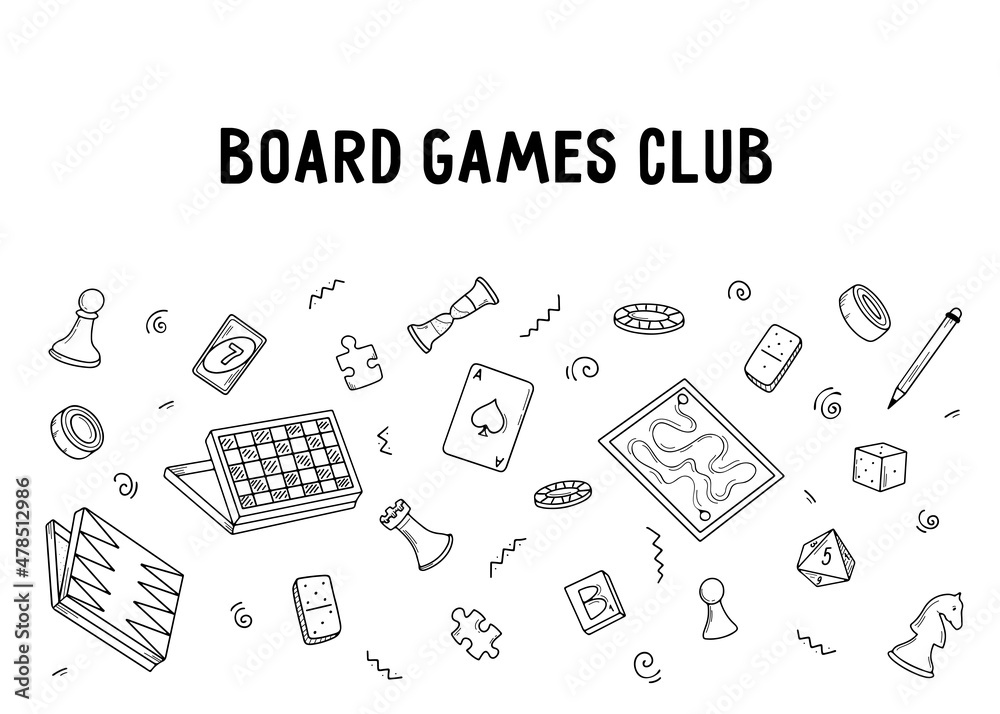 Board games club. Set of vector doodle elements, board games collection ...