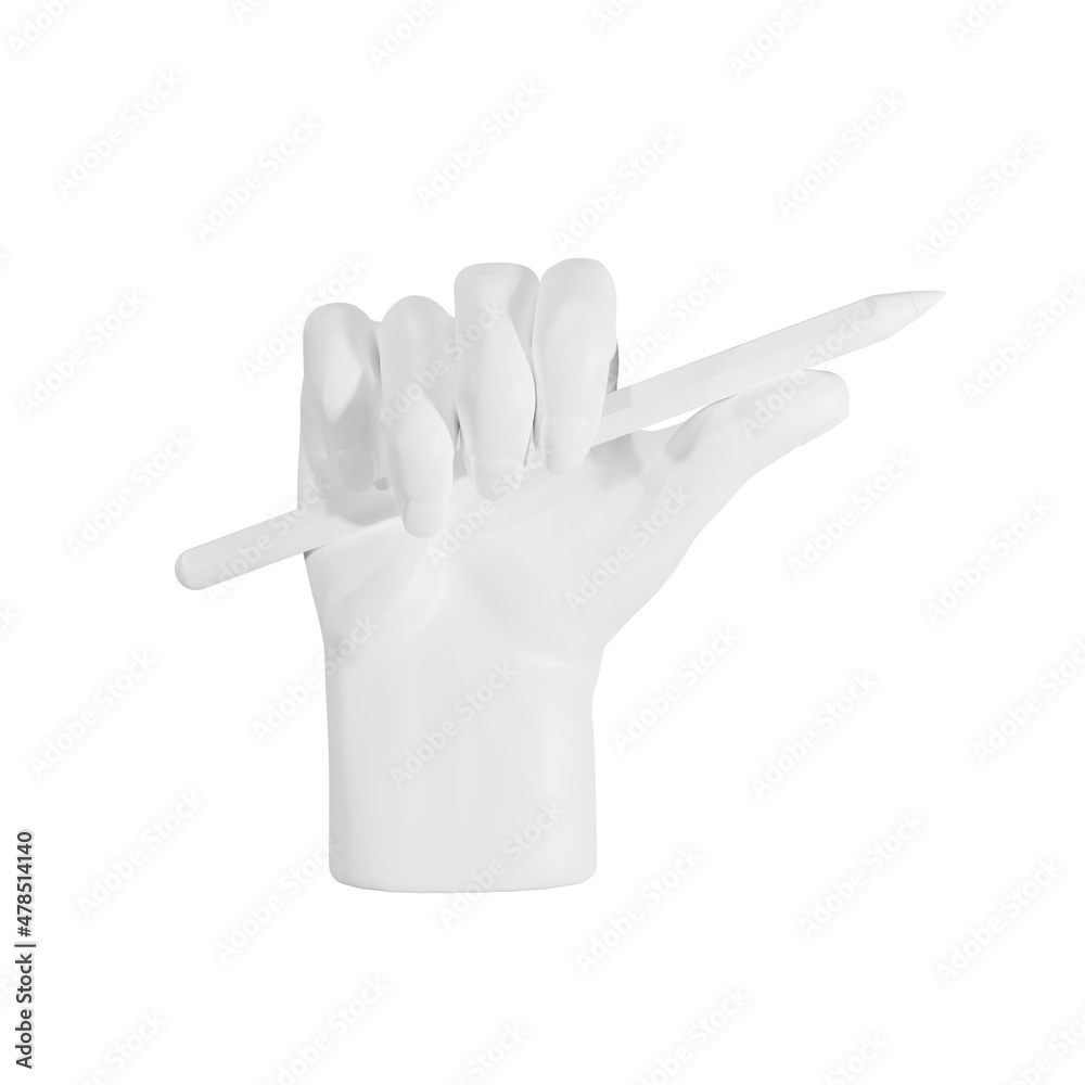 3d plaster sculpture of a hand holds a pencil or digital pen, stylus ...