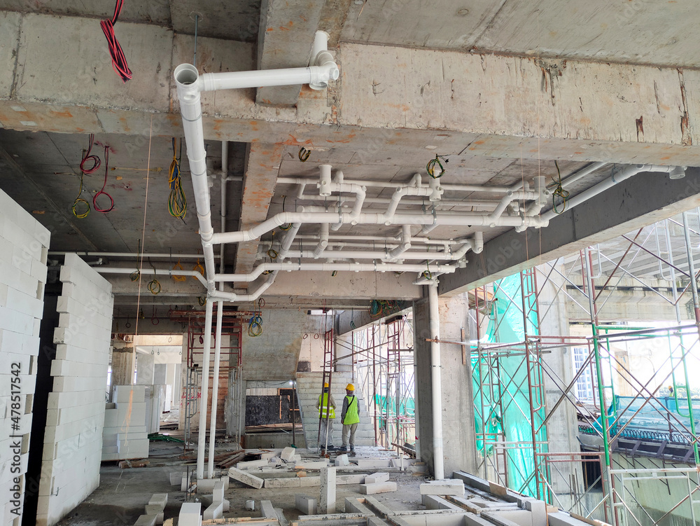 PENANG, MALAYSIA -JANUARY 5, 2021: Sewerage pipes from the toilet above ...