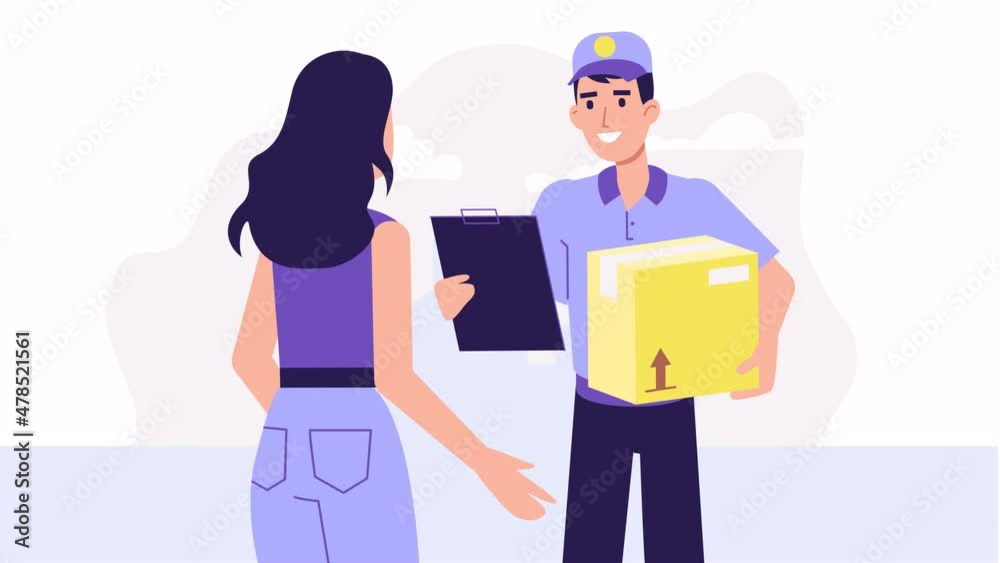 Delivery concept animation. Male courier with package box or parcel and ...