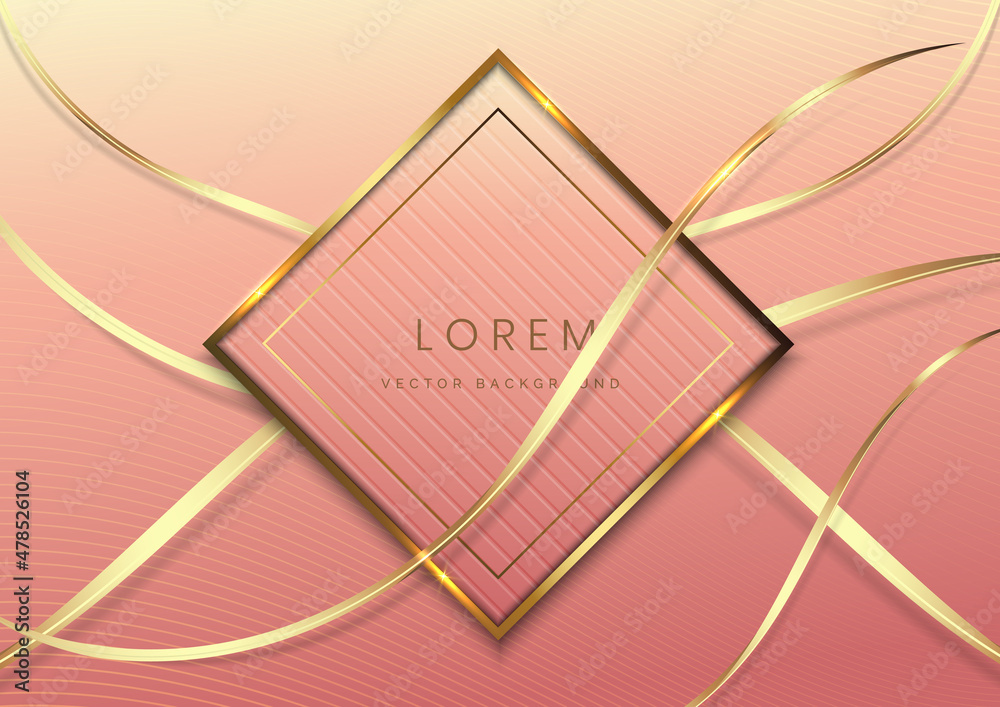 Abstract luxury gold and pink square frame with golden lines curved ...