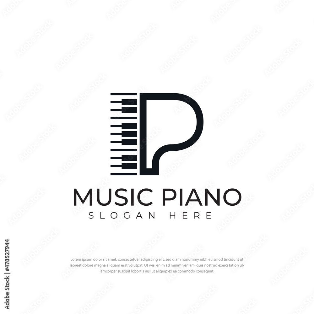 Logo letter P piano instrument or playing music. with an illustrated ...