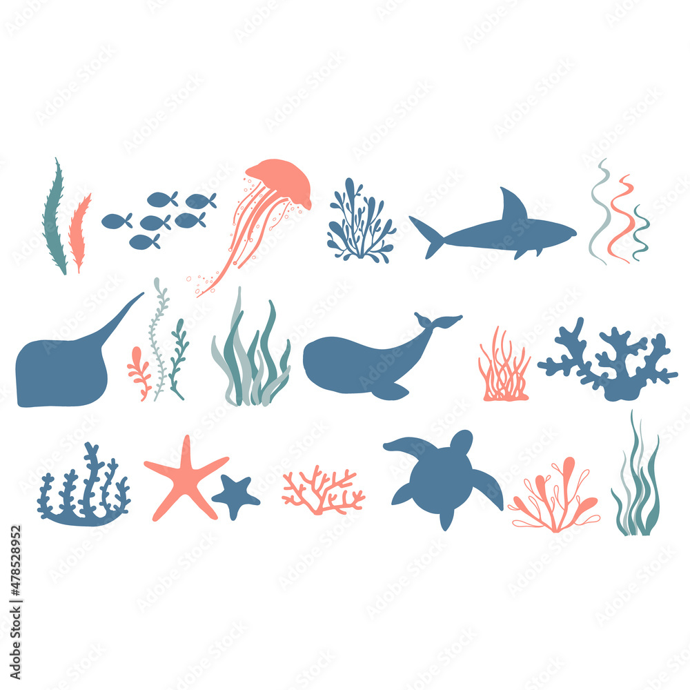 Underwater world illustration. Hand drawn set of seaweed, corals ...