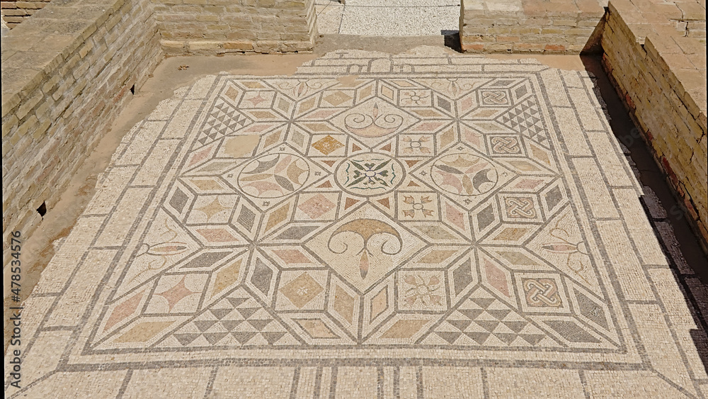 Ornate ancient roman floor mosaic wih geometrical patterns in ...