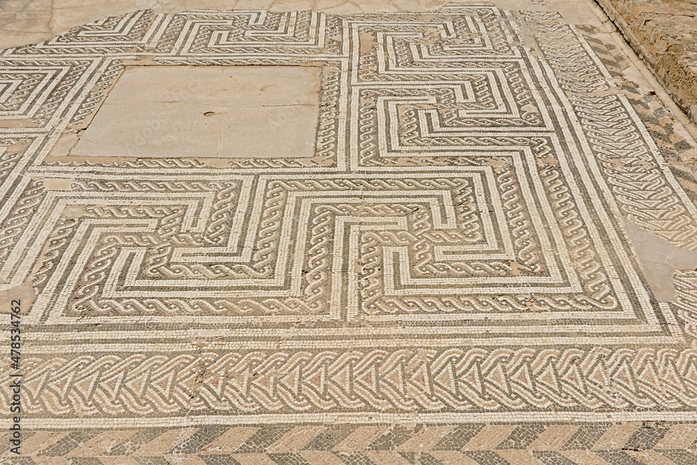 Ornate ancient roman floor mosaic wih geometrical patterns in ...