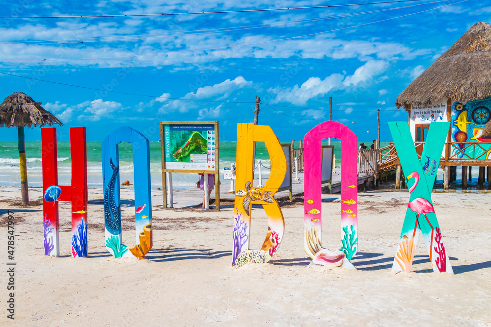 Holbox island beach colorful welcome letters and sign in Mexico. Stock ...