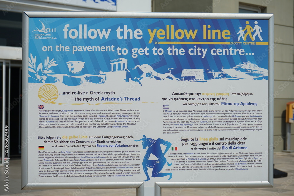 Heraklion Crete, Greece - 23 August 2021: follow the yellow line to ...