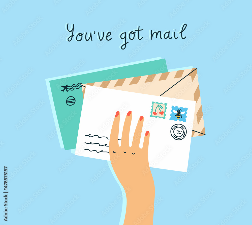 Vetor de Female hand holding a bunch of letters with "You've got mail ...