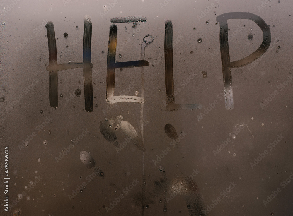 Inscription on glass help and handprint. Call for help. Stock Photo ...
