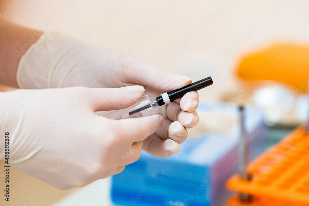Rack of blood tubes test for analysis in the laboratory of hematology ...
