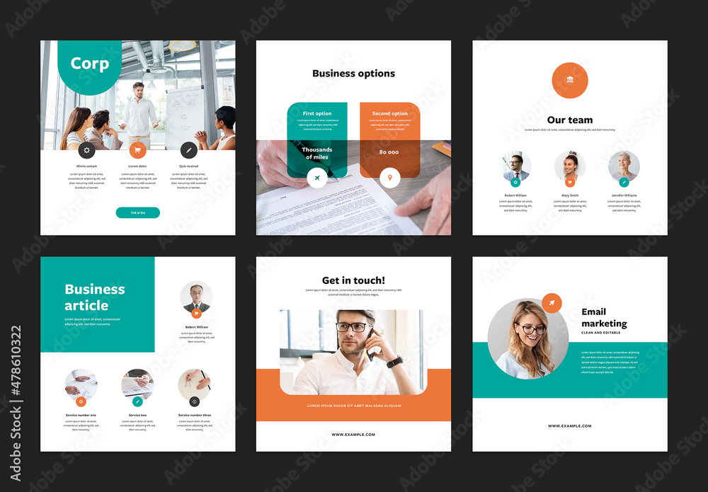 Business Multipurpose Social Media Layouts with Teal and Orange Accent ...