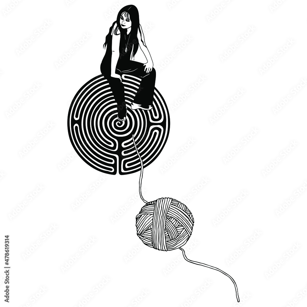 Pretty young modern girl sitting on top of a round spiral maze or ...