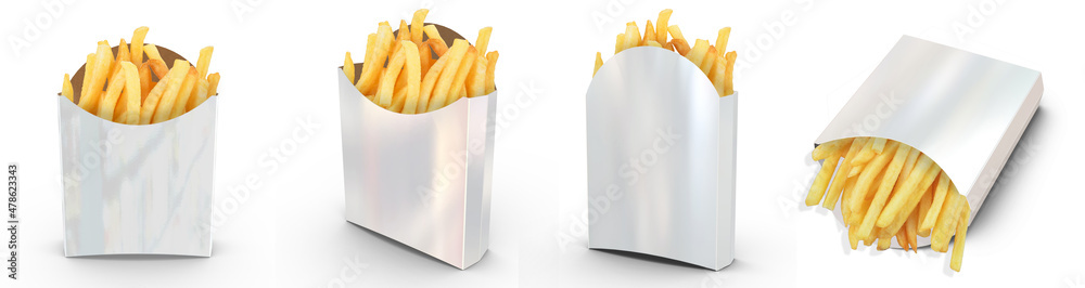 3D rendering - High resolution image French Fries box, four different ...