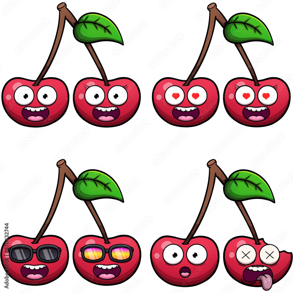 Cute Cartoon Cherry Characters With Faces Set Stock Vector | Adobe Stock