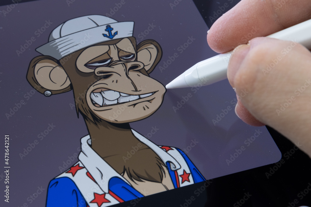 BORED APE NFT digital art seen on mobile screen. Bored Ape Yacht Club ...