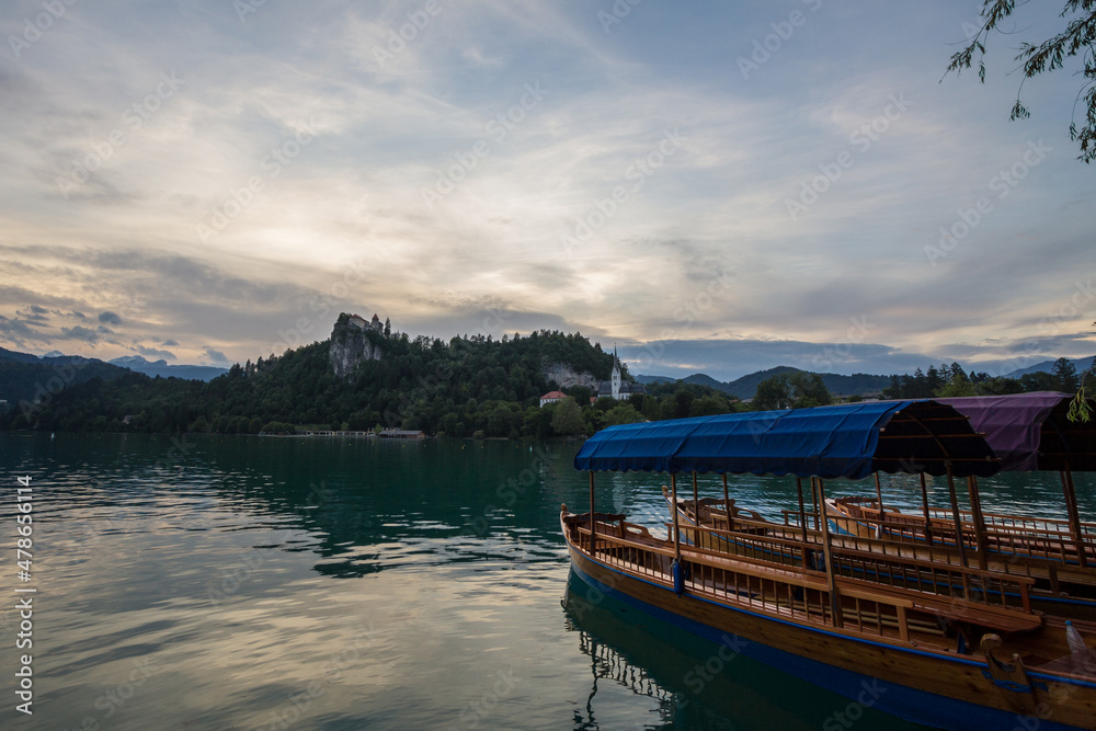 Panorama of the Bled lake, Blejsko Jezero, with its castle, Blejski ...