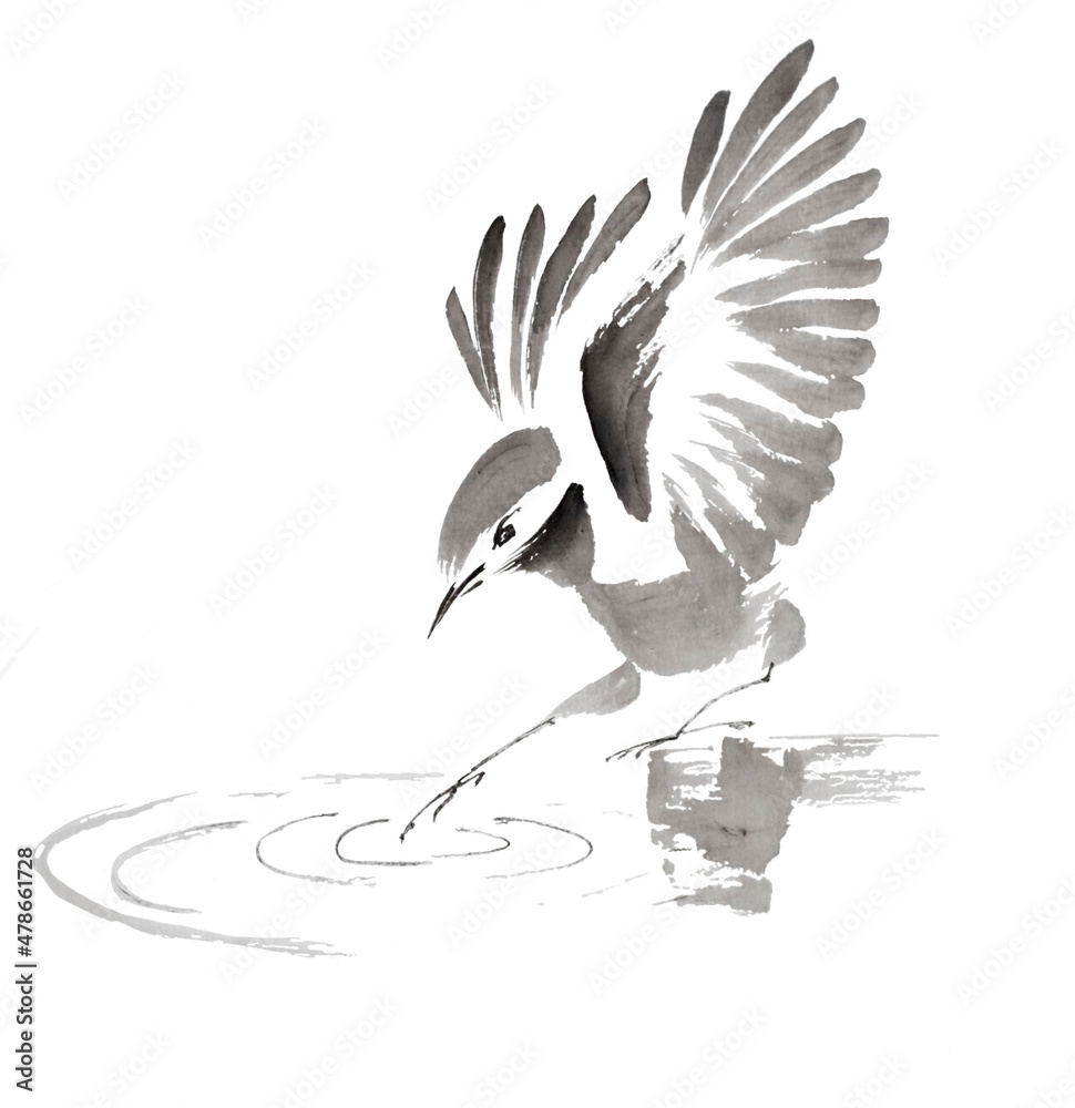 How is the water? (A small bird (testingthe water by its paw, painted ...