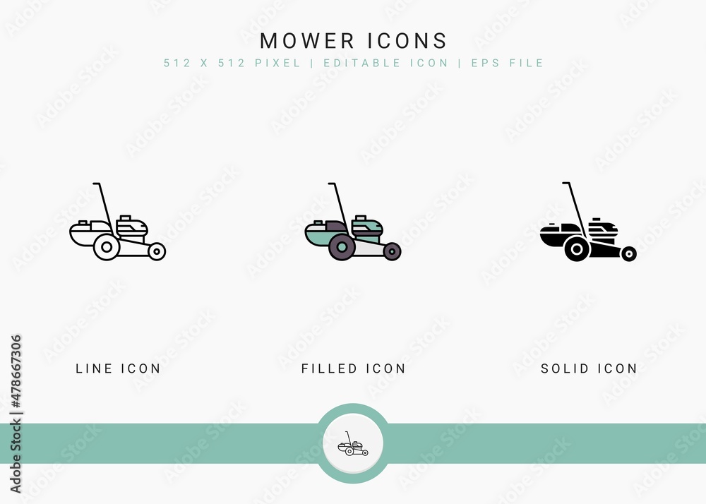 Mower icons set vector illustration with solid icon line style. Plant ...