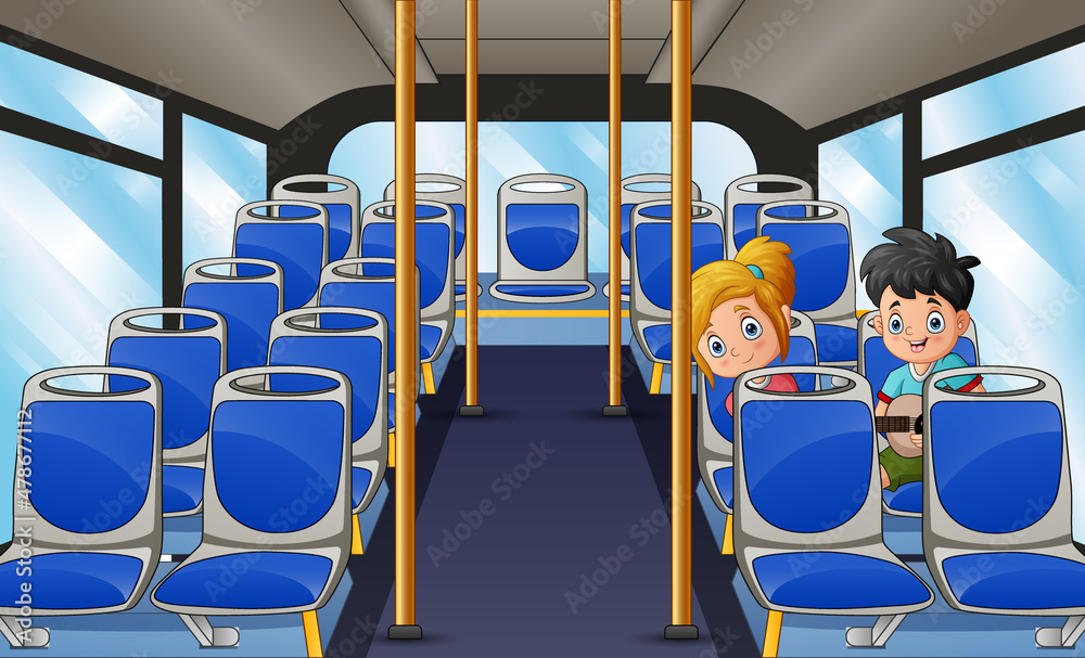 Cartoon teenage boy and girl singing inside the bus Stock Vector ...