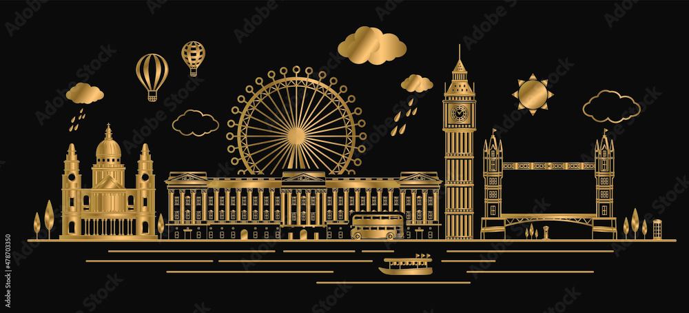 Vector. gold color London, England and United Kingdom Landmarks Skyline ...