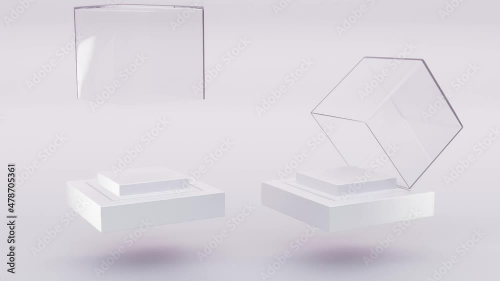 Glass cube box on white stand and clear square showcase on empty ...
