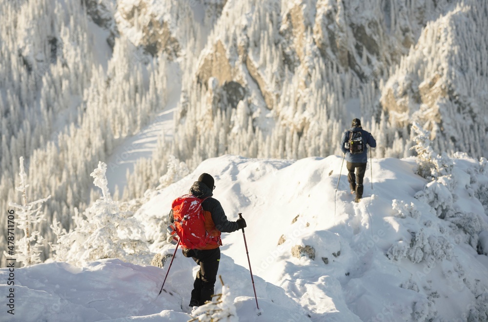 Climbers in winter mountains. Team of hikers were fully equipped for ...