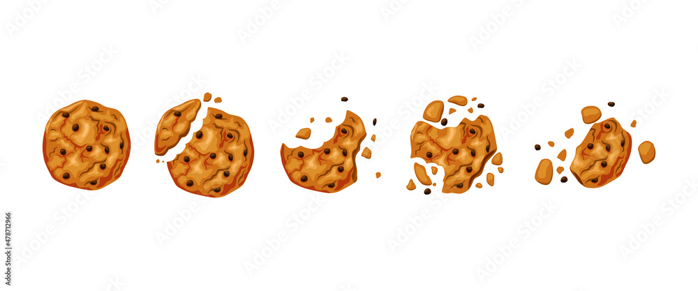 Bitten chocolate chip cookies. Baked round cookies with chocolate chips ...