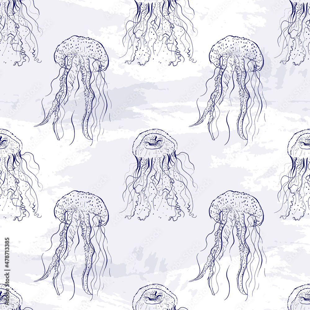 Seamless pattern jellyfish sea creature. Drawing sketch style hand draw ...