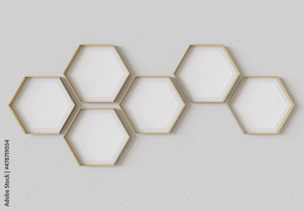 Gold hexagon blank photo frames mockup hanging on interior wall ...
