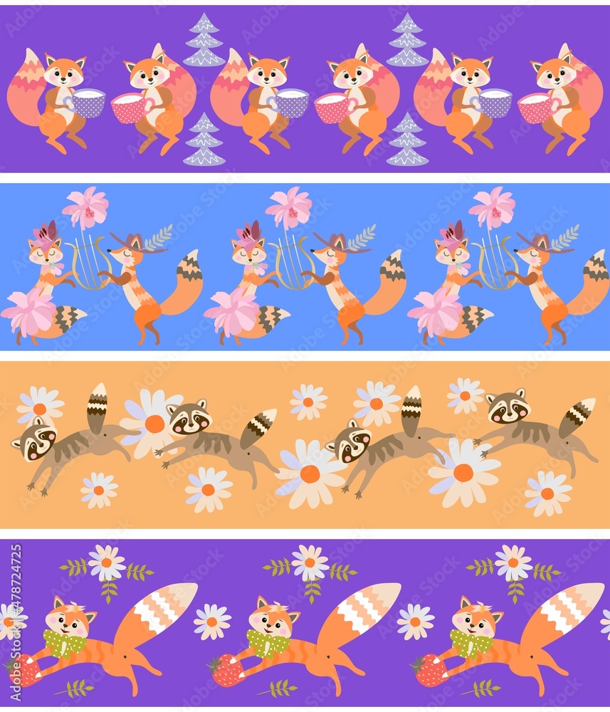 Seamless print made up of horizontal stripes with cute cartoon ...
