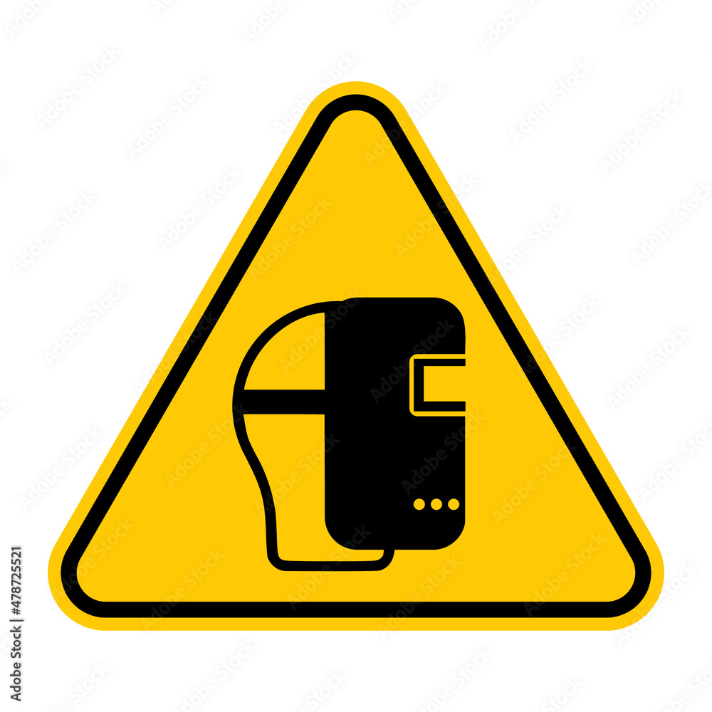 Wear welding mask sign. Vector illustration of yellow triangle warning ...